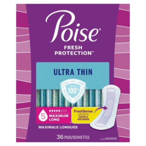 Poise Fresh Protection Ultra Thin Maximum Long Pads, 36 count - ShopRite