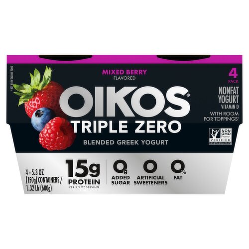 Oikos Triple Zero Mixed Berry Flavored Blended Greek Nonfat Yogurt, 5.3 ...