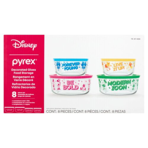 Pyrex Disney 8 Piece Set Decorated Glass Food Storage Containers, 4 ...