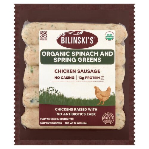 Bilinski's Organic Spinach and Spring Greens Chicken Sausage, 12 oz ...