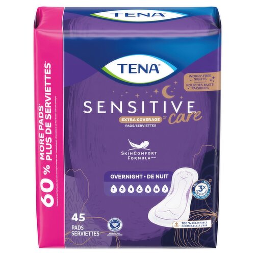 Tena Senstive Care Extra Coverage Overnight Pads, 45 count - The Fresh Grocer