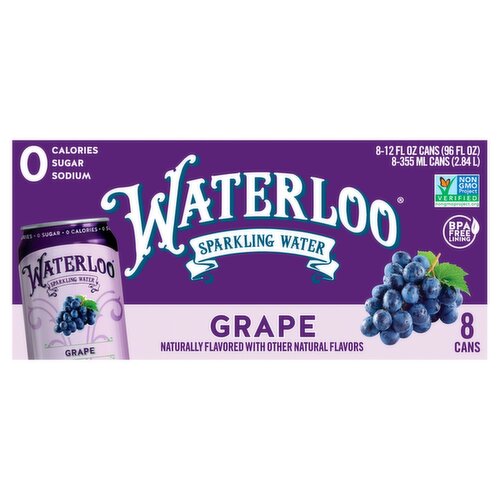 Waterloo Grape Sparkling Water, 12 fl oz, 8 count - Gourmet