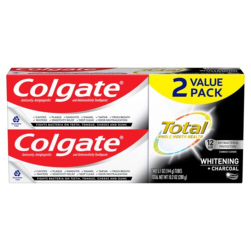 Colgate Total Whitening + Charcoal Toothpaste Value Pack, 5.1 oz, 2 ...